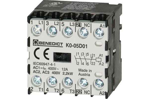 K0-05D01 24, Micro contactor 2,2kW/AC3, 3-pole, 1NC, Coil 24VAC 50Hz ...