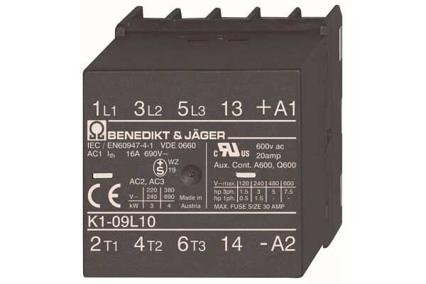K1-09L01= 24VS, Mini contactor solder pins 4kW/AC3, 3-pole, 1NC, Coil 24V= DC, with protection ...
